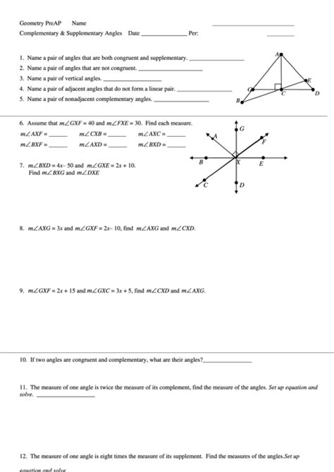 Complementary And Supplementary Angles Word Problems Worksheet Pdf With Answers