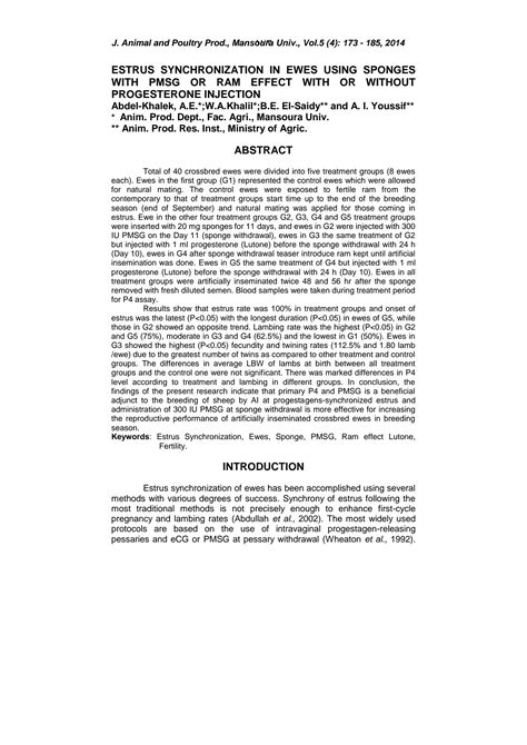 Solution 2014 Estrus Synchronization In Ewes Using Sponges With Pmsg Or Ram Effect With Or