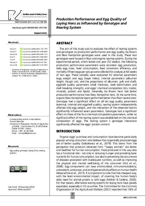 Pdf Production Performance And Egg Quality Of Laying Hens As Influenced By Genotype And