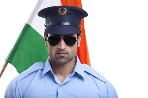 Close Up Of A Security Guard With Indian Flag In The Background Photo