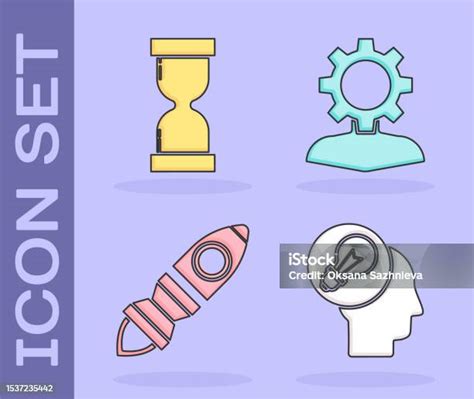 램프 전구가 있는 인간의 머리 흐르는 모래가 있는 오래된 모래시계 불이 있는 로켓 우주선 아이콘 내부에 기어가 있는 인간을 설정합니다 벡터 Launch Party에 대한