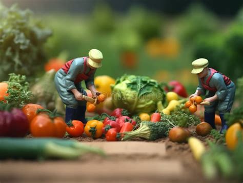Two Miniature Workers Working On Vegetables Stock Illustration Illustration Of Green