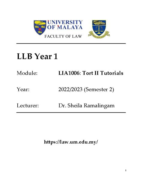 Tutorial Questions Llb Year 1 Module Lia1006 Tort Ii Tutorials Year 20222023 Semester 2