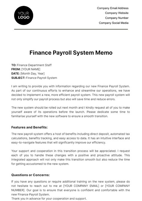 Free Finance Payroll System Memo Template To Edit Online