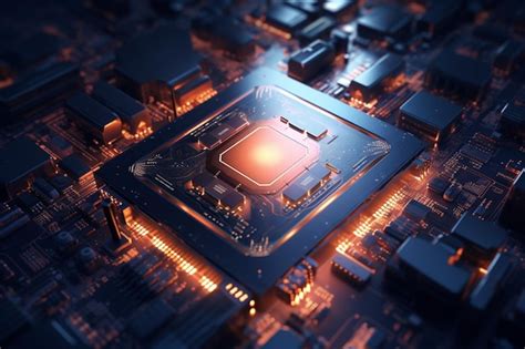Premium Ai Image Illuminated Computer Processor With Orange Neonlit Microchip Circuit Board