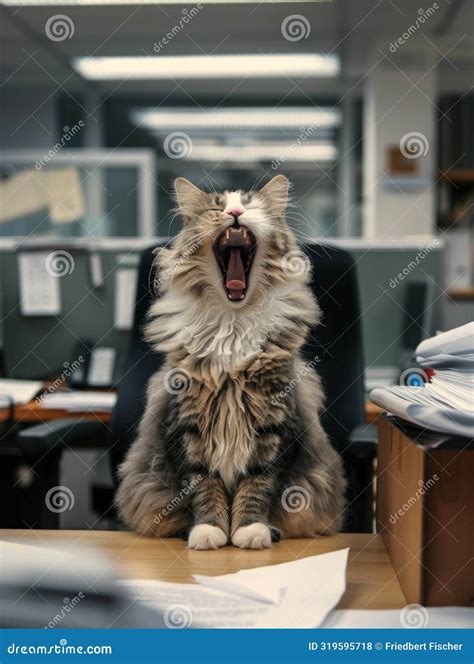 Bored Cat Yawning On Office Desk Workplace Humor Relaxation Concept