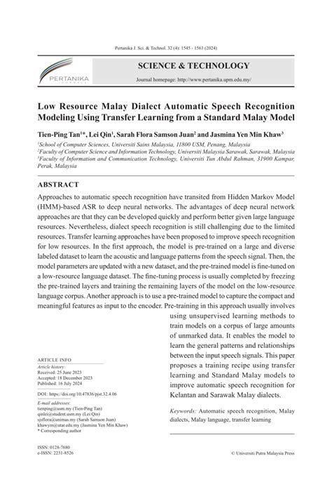 Pdf Low Resource Malay Dialect Automatic Speech Recognition Modeling Using Transfer Learning