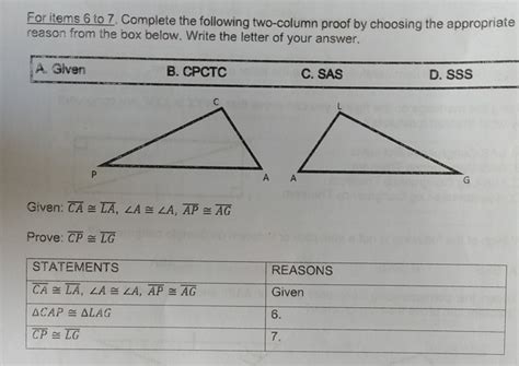 Solved: For items 6toZ. Complete the following two-column proof by choosing the appropriate ...
