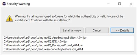 Security Warning Unsigned Eclipse Plug In Connect Iq Bug Reports Connect Iq Garmin Forums