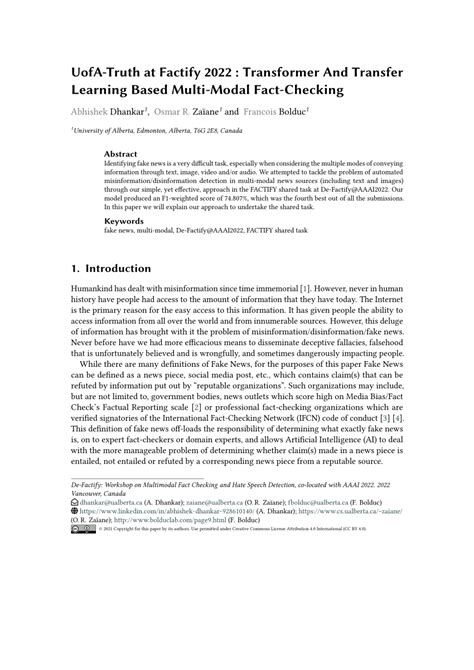 Pdf Uofa Truth At Factify 2022 Transformer And Transfer Learning