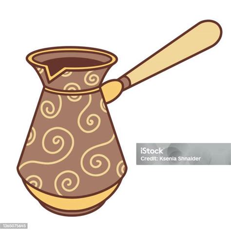 터크 색 벡터 아이콘 흰색 배경에 격리 된 손으로 그린 그림 커피를 양조하기위한 나무 손잡이가있는 금속 냄비 아메리카노