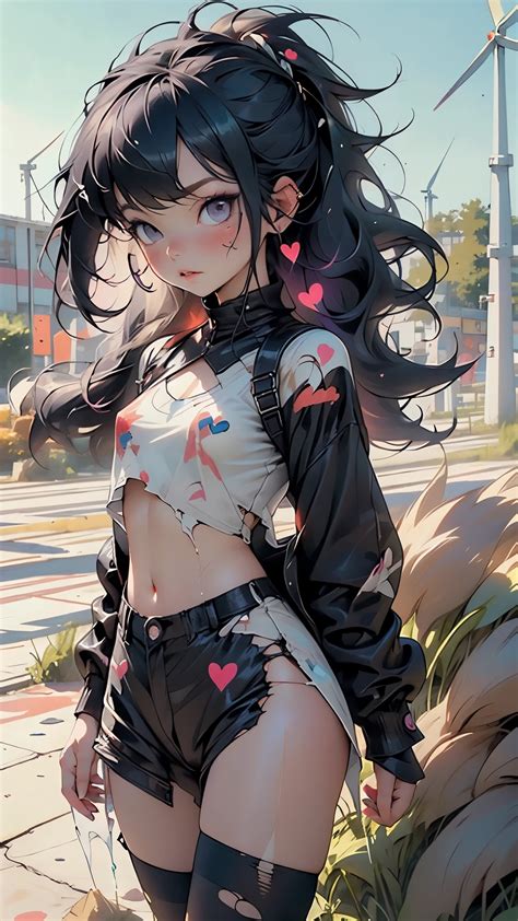 긴 검은 머리와 하트 모양의 머리카락을 가진 애니메이션 소녀가 거리에 서 있습니다 Seaart Ai
