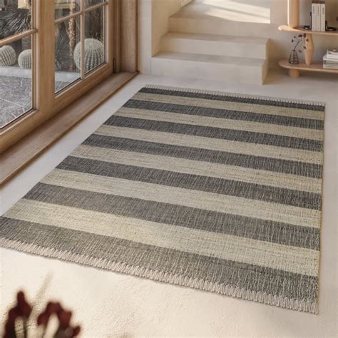 Tappeto Intrecciato A Mano Frange A Righe Antracite E Beige 160x230