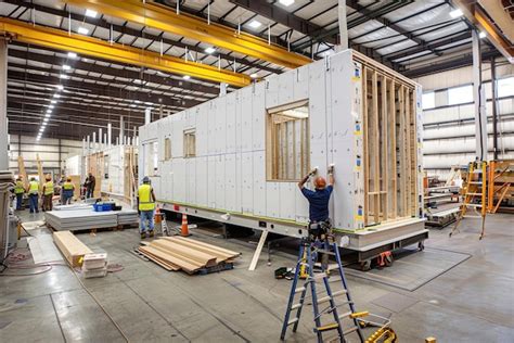 Workers Assembling Modular Home Panels Precise Measurements Industrial