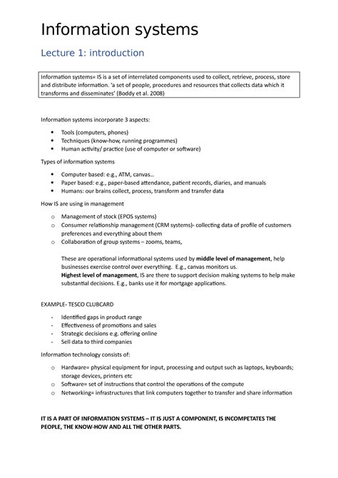 Information Systems Notes Lecture 1 Introduction Information Systems