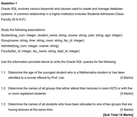 Solved Question 1 Oracle Sql Involves Various Keywords And