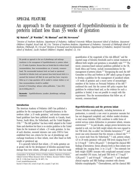 An Approach To The Management Of Hyperbilirubinemia In The Preterm Infant Less Than 35 Weeks Of
