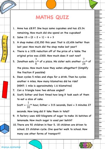 Maths Quiz For Year 5 And Year 6 Teaching Resources