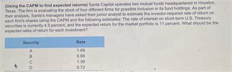 Solved Using The Capm To Find Expected Returns Sante