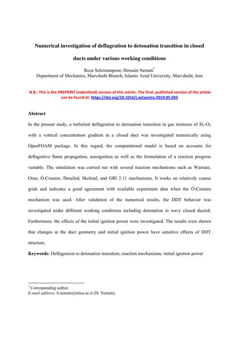 Pdf Numerical Investigation Of Deflagration To Detonation Transition