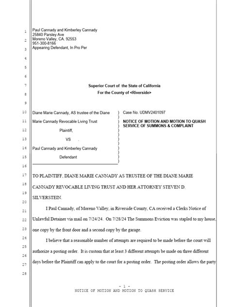 Motion To Quash Unlawful Detainer Service Pdf Complaint Summons