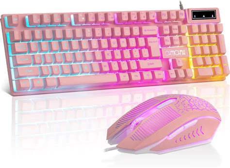 Pink Gaming Keyboard And Mouse Combo Light Up Membrane Cute Gaming