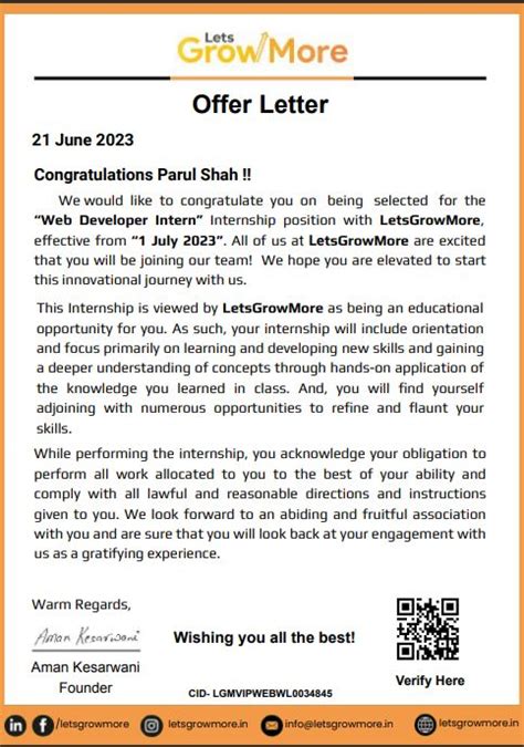 Parul Shah On Linkedin Connections Webdevelopment Internship Intern Lgmvip