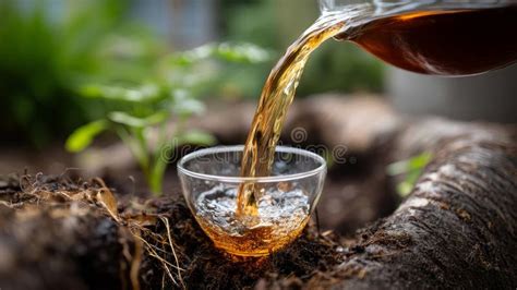 Compost Tea Being Poured Onto Garden Plants Macro Detail Liquid Fertiliser Collected From Worm