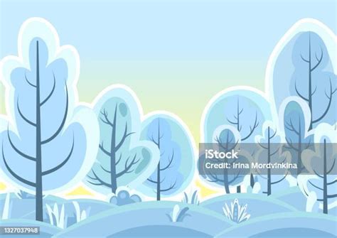 평평한 겨울 숲 눈이 덮인 나무가있는 아름다운 서리가 내린 풍경 해돋이 간단한 상징적 인 스타일로 그림 재미있는 장면 만화 디자인 국가 표류 벡터 0명에 대한 스톡 벡터