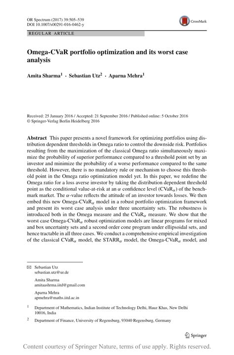 Omega Cvar Portfolio Optimization And Its Worst Case Analysis Request Pdf