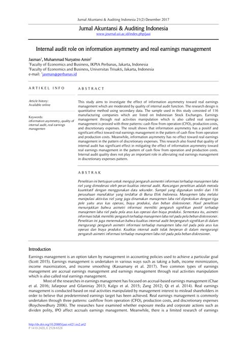 Pdf Internal Audit Role On Information Asymmetry And Real Earnings Management