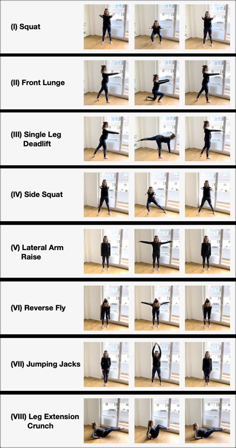 the execution of all eight exercises as seen from the frontally