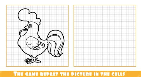 귀여운 만화 수탉은 세포에서 그림을 반복하는 게임을 설명했습니다 프리미엄 벡터