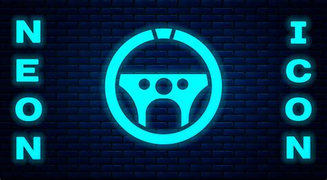 Ikon Roda Kemudi Neon Bersinar Terisolasi Pada Latar Belakang Dinding Bata Ikon Roda Mobil