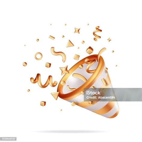 색종이 조각이 있는 3d 골드 파티 포퍼 3차원 형태에 대한 스톡 벡터 아트 및 기타 이미지 3차원 형태 공휴일 금 금속 Istock