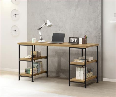 Desks Golden Oak Finish With 4 Storage Shelves And Metal Accents