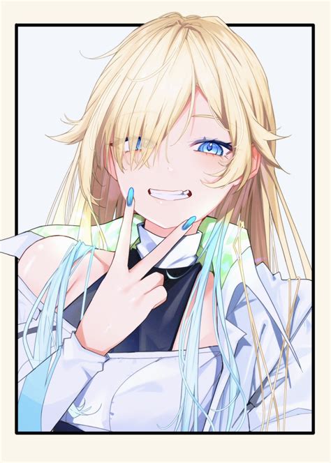 Temari Maco Aizawa Ema Vspo Highres 1girl Aqua Hair Aqua Nails Bare Shoulders Blonde