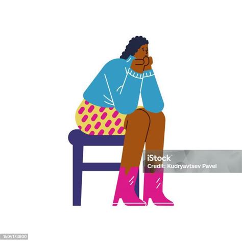 턱에 손을 얹고 의자에 앉아 스트레스를 받는 여자 흰색 배경에 고립된 평면 벡터 삽화 개념에 대한 스톡 벡터 아트 및 기타 이미지 개념 걱정하는 과로 Istock