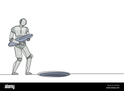 Single One Line Drawing Robot Holding Iron Hole Cover Future Technology Development Artificial