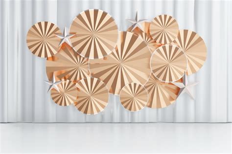 3d 렌더링 배경입니다 흰색 커튼 배경에 많은 화이트 골드 서클 일본 팬 디자인 프레젠테이션용 이미지입니다 프리미엄 사진