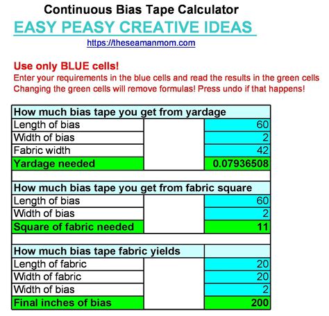 Bias Binding Calculator With Formula And Cheat Sheet Bias Calculator Bias Binding How To