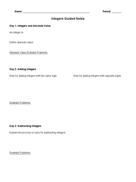 Integers Guided Notes Pdf