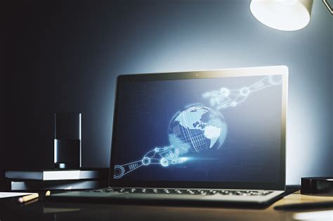 세계지도 홀로그램 로봇 기술과 현대 컴퓨터 모니터 연구 개발 소프트웨어 개념 3d 렌더링 0명에 대한 스톡 사진 및 기타 이미지 Istock