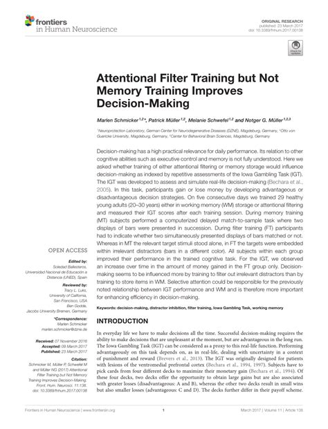 Pdf Attentional Filter Training But Not Memory Training Improves Decision Making