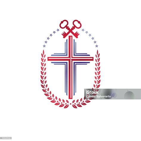기독교 십자가 장식 상징 보안 키로 구성 전 령 벡터 디자인 요소입니다 레트로 스타일 종교적인 빈티지 기호입니다 믿음은 구원의 열쇠 이다 0명에 대한 스톡 벡터 아트 및