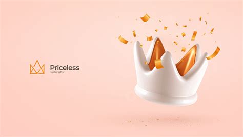 황금색과 흰색 왕관에는 색종이 조각 벡터 그림이 떨어진다 럭셔리 보석 현대적인 스타일의 배너 템플릿입니다 밝은 배경에 군주제 권력 프리미엄 디자인 요소 3차원 형태에 대한