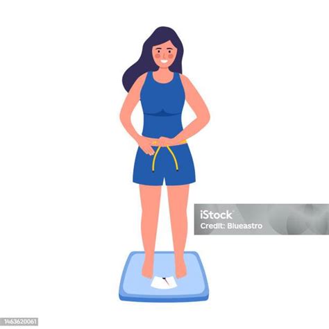 Gadis Langsing Cantik Dengan Pita Pengukur Pada Skala Berat Dalam