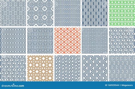 Set Of 15 Geometric Abstract Seamless Patterns Linear Motif Background Monochrome Decoration