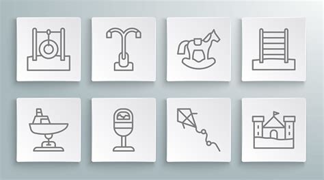 세트 라인 스윙 보트 가로등 쓰레기통 연 모래 성 말 안장 스윙 스웨덴 벽 및 자동차 타이어 로프 아이콘에 매달려 있습니다 벡터