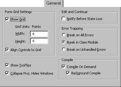 General Tab Options Dialog Box Microsoft Visual Basic User Interface Documentation